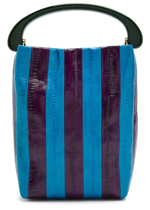 Dries Van Noten Striped Glossed Leather Top Handle Bag - Turquoise
