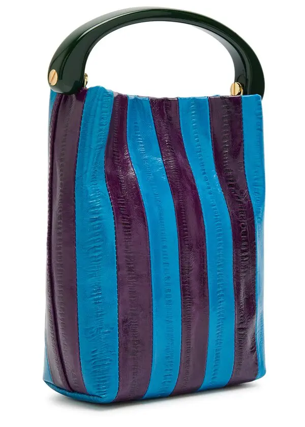 Dries Van Noten Striped Glossed Leather Top Handle Bag - Turquoise