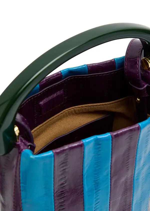 Dries Van Noten Striped Glossed Leather Top Handle Bag - Turquoise