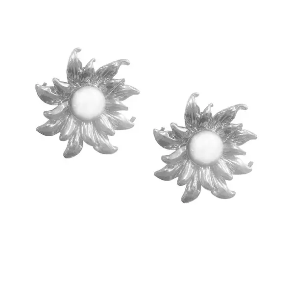 MAISON DE GALA Pearl-center Sunburst Flower Stud Earrings - Silver