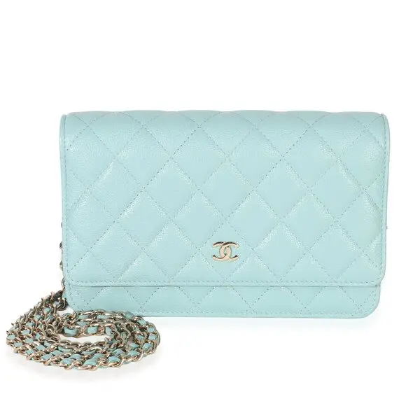 Chanel Light Quilted Caviar Classic Wallet On Chain - Blue