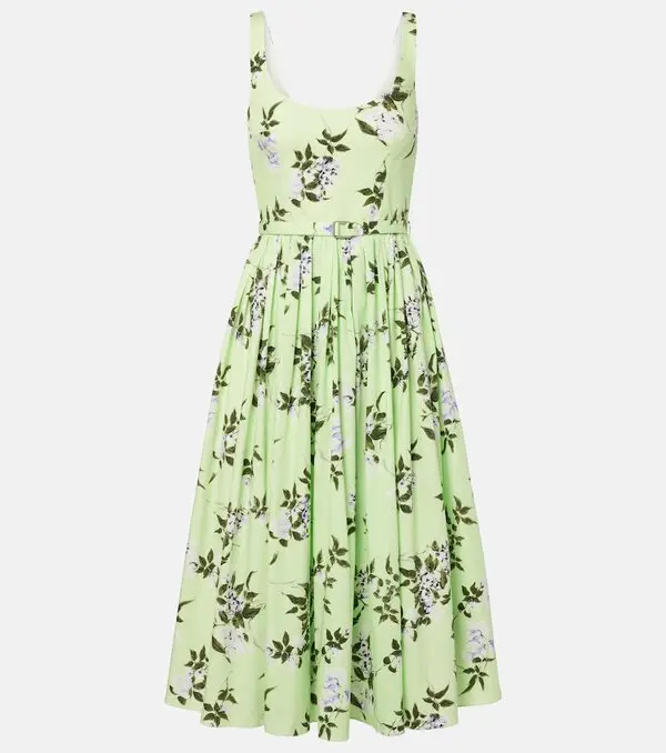 EMILIA WICKSTEAD Eglantine Floral Belted Cotton Midi Dress - Green