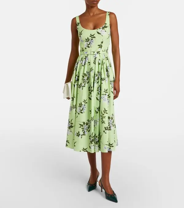 EMILIA WICKSTEAD Eglantine Floral Belted Cotton Midi Dress - Green