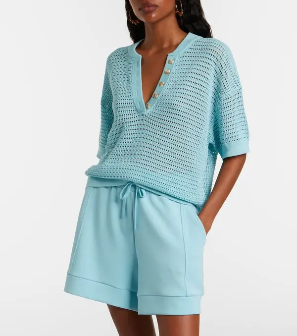 Varley Callie Open-knit Cotton Polo Sweater - Blue