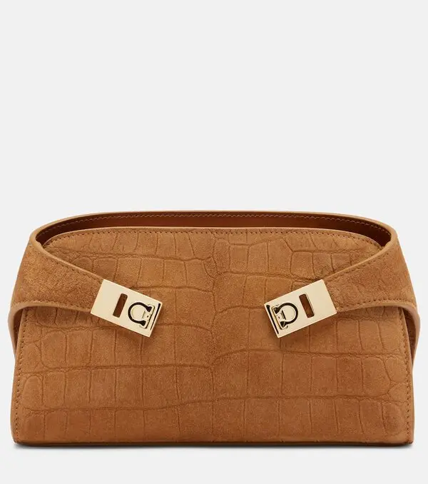 FERRAGAMO Hug Mini Croc-effect Suede Clutch - Brown