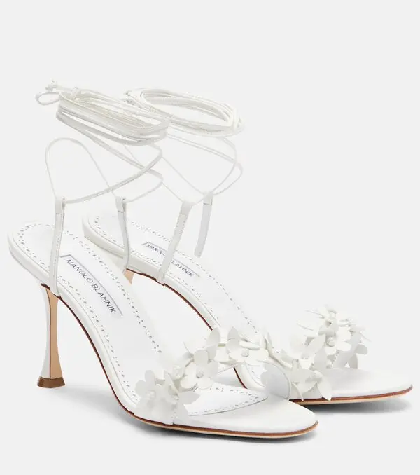 Manolo Blahnik Anista Floral-appliqué Leather Sandals - White