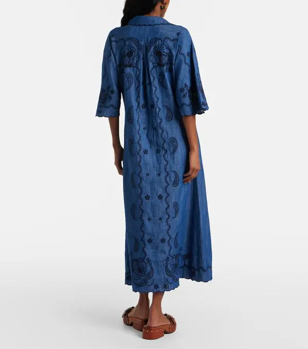 Zimmermann Aster Embroidered Denim Midi Dress