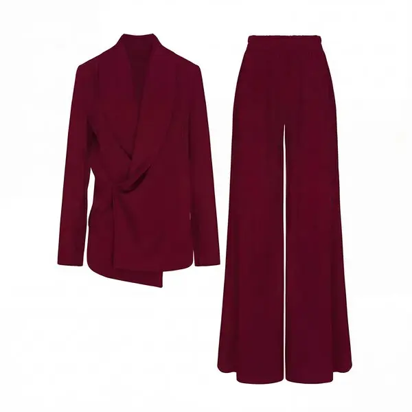 BLUZAT Burgundy Wrap Blazer And Flared Trousers Set