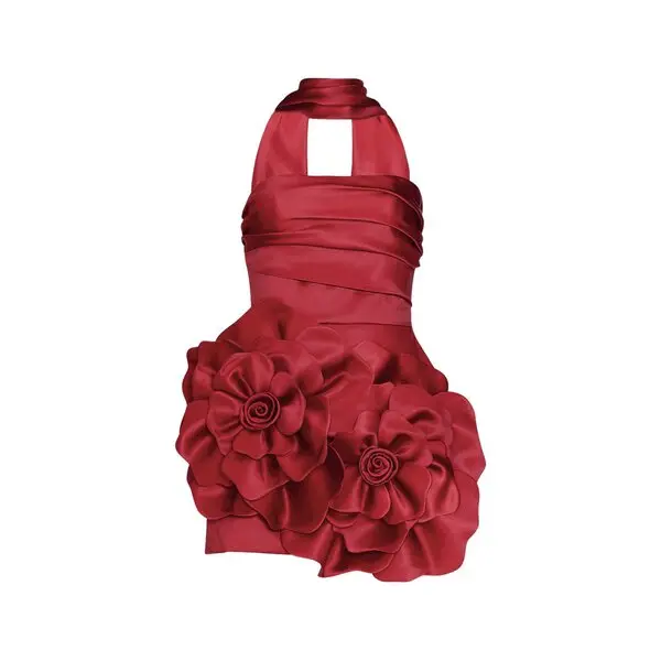 JUSTIN TONG Sculpted Satin Mini Dress With Floral Appliqu