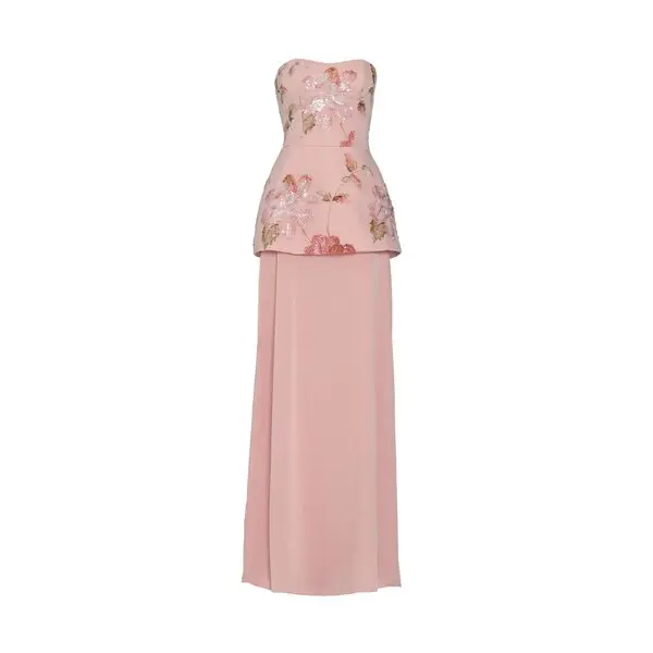 JUSTIN TONG Ellaire Beaded Cascade Strapless Maxi Dress - Pink