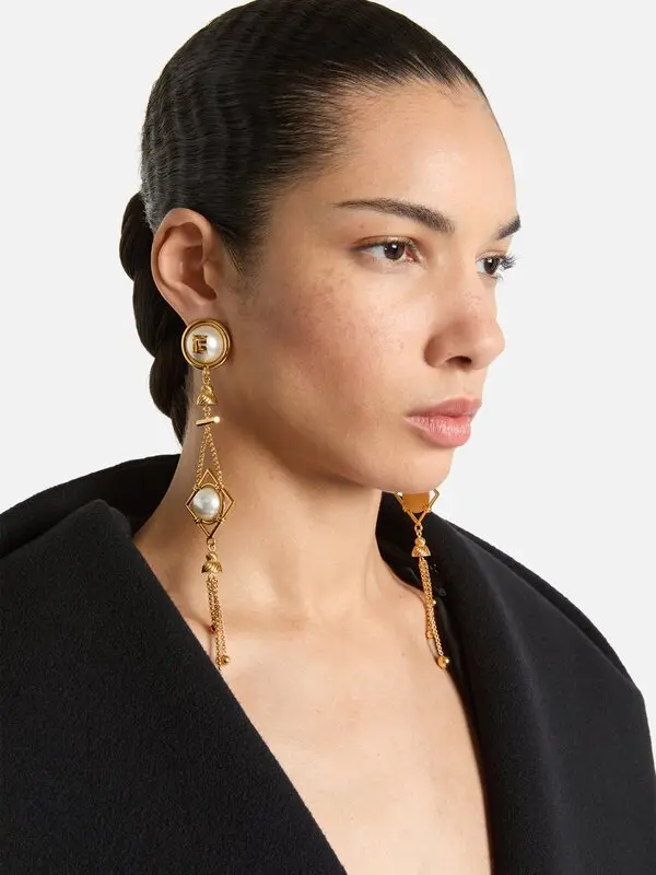 Balmain Brass And Pearl Pendant Earrings - Gold