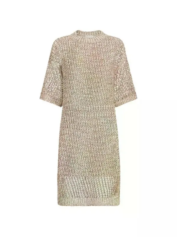 Brunello Cucinelli Dazzling Chiné Net Knit Dress In Silk And Linen - Neutrals