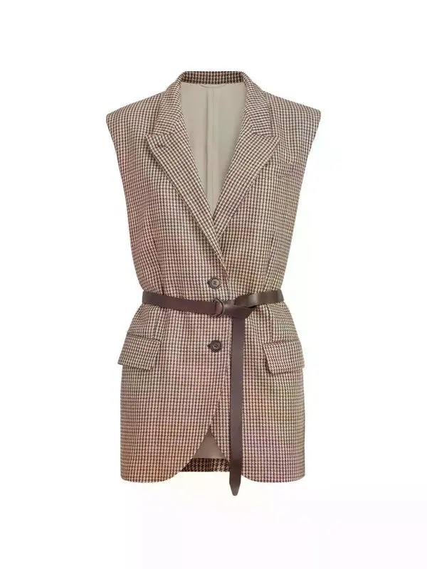 Brunello Cucinelli Sparkling Virgin Wool Houndstooth Vest With Leather Belt And Monili
