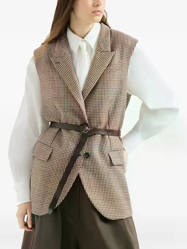 Brunello Cucinelli Sparkling Virgin Wool Houndstooth Vest With Leather Belt And Monili
