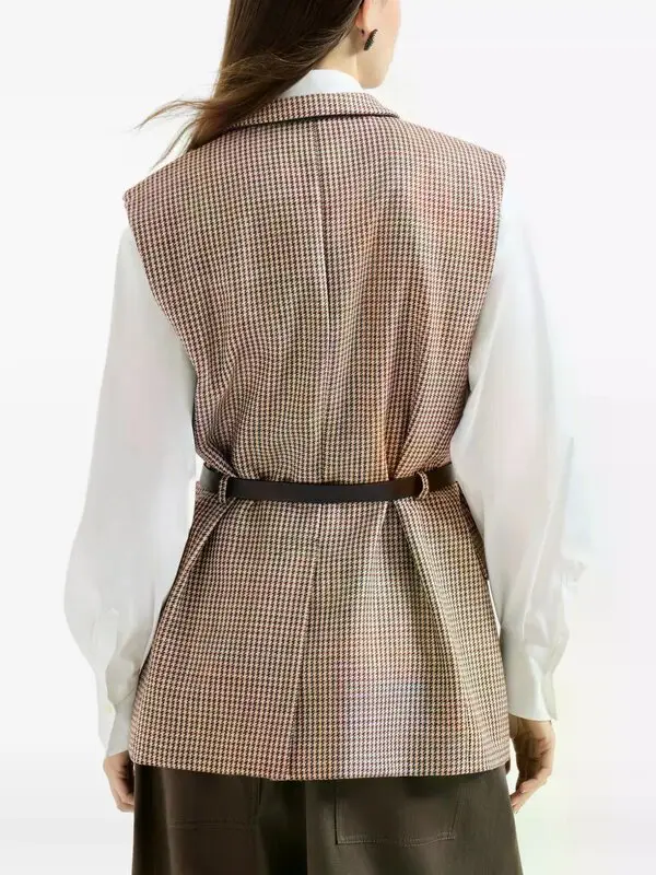 Brunello Cucinelli Sparkling Virgin Wool Houndstooth Vest With Leather Belt And Monili