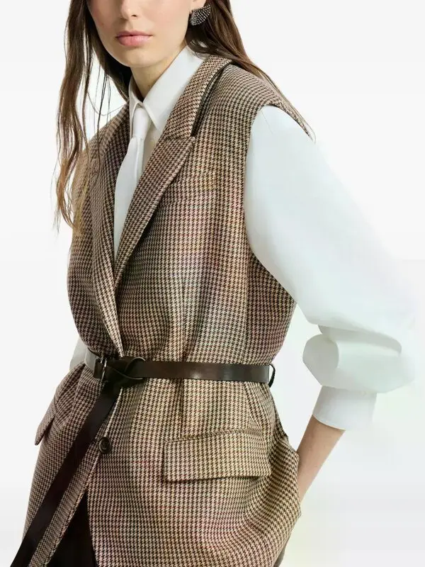 Brunello Cucinelli Sparkling Virgin Wool Houndstooth Vest With Leather Belt And Monili