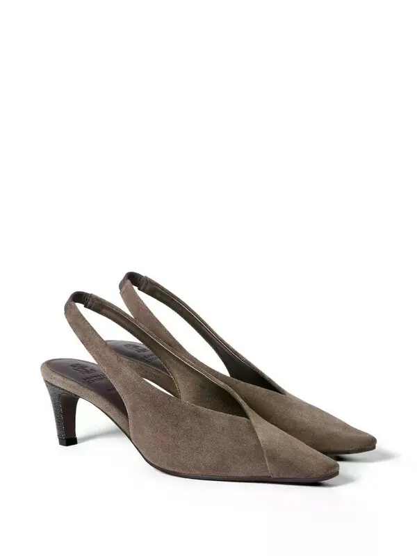 Brunello Cucinelli Suede Slingback Pumps With Monili Embellished Heel