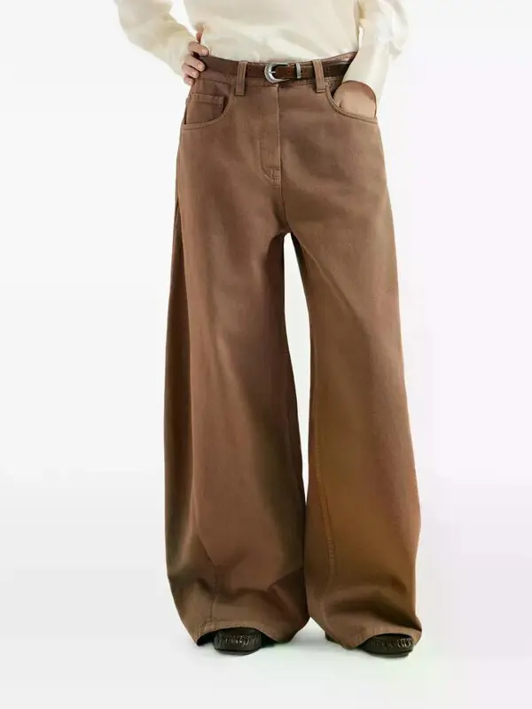 Brunello Cucinelli Dyed Denim Wide Trousers With Monili Embellishment - Brown