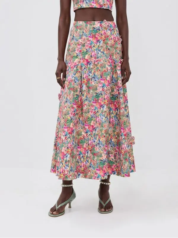 Farm Rio Linen Midi Skirt With Floral Appliqués - Multicolor