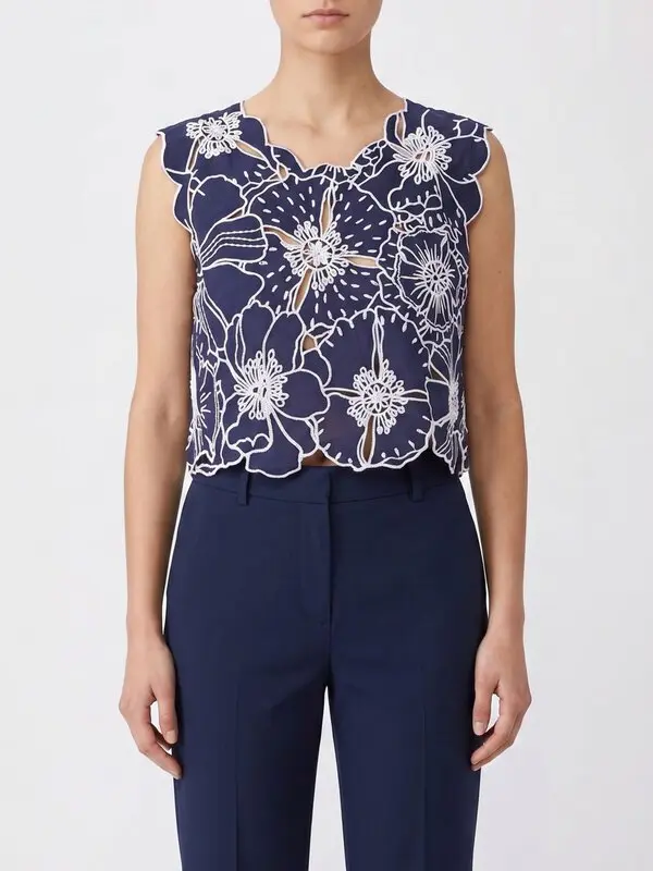 Farm Rio Floral Linen Blend Cropped Top - Blue