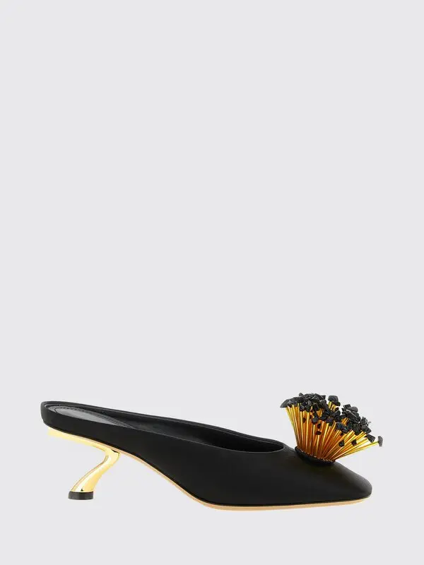 FERRAGAMO Satin Mules With Embellished Sculptural Heel - Black