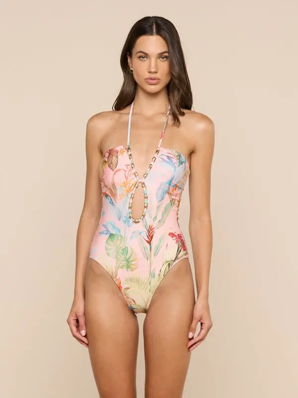L'Agence Opus Halter One-piece Swimsuit - Pink Multi Colorful Palm