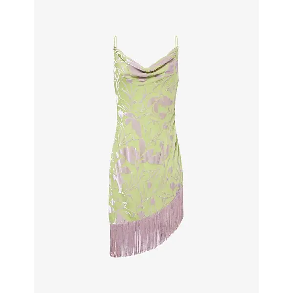 RAT AND BOA Elara Devoré Fringed Woven Mini Dress - Green