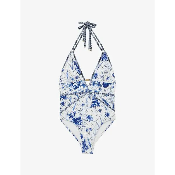 REISS Lucia Printed Halterneck Swimsuit - Blue Ivory
