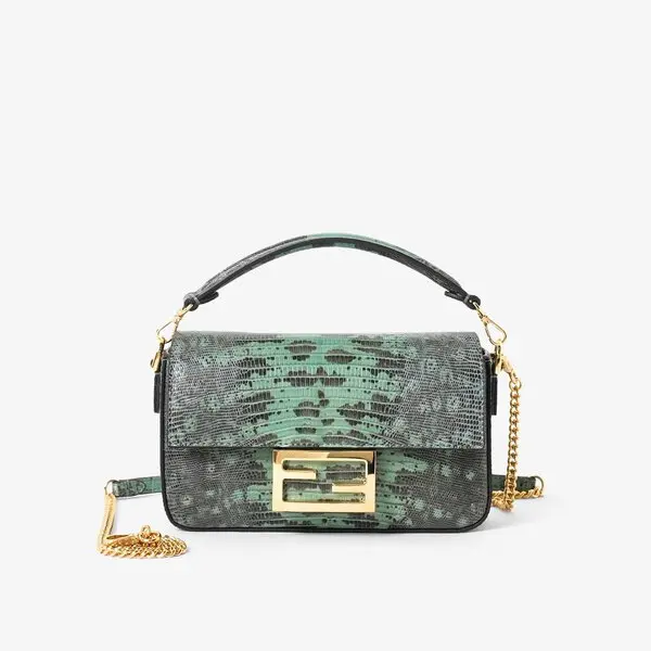 Fendi Mini Baguette Bag In Agate Teju Lizard - Green