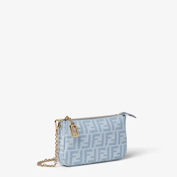 Fendi Baguette Pouch In Ff Denim - Light Blue