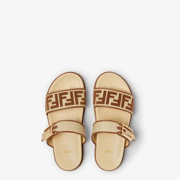Fendi Ff Baguette Buckle Raffia Slides - Brown