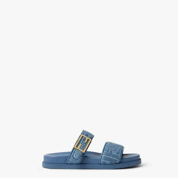 Fendi Ff Baguette Embellished Raffia Slides - Light Blue