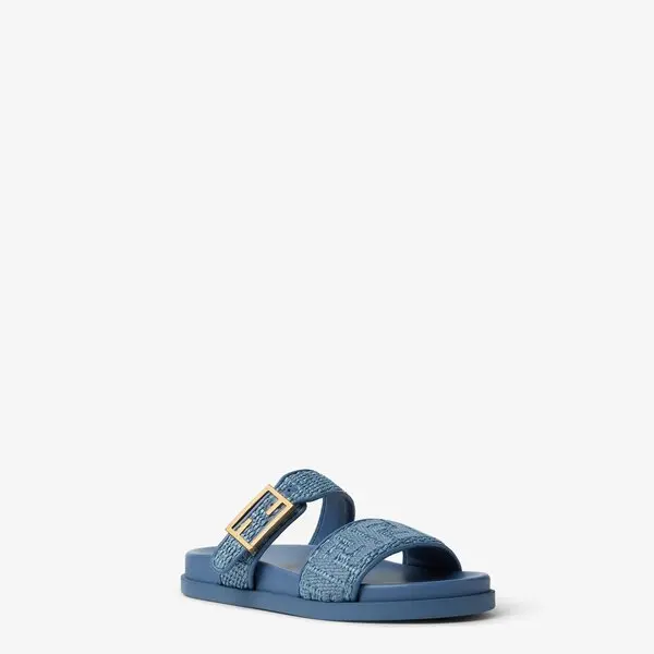 Fendi Ff Baguette Embellished Raffia Slides - Light Blue