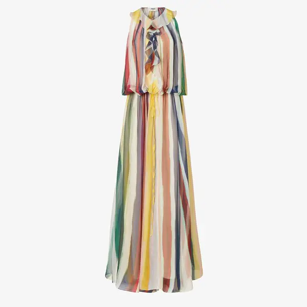 Fendi Long Sleeveless Silk Dress With Venetian Stripes Motif
