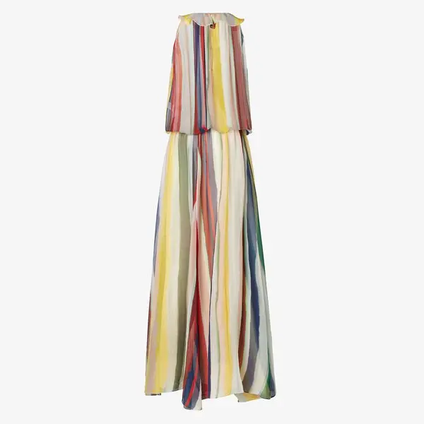 Fendi Long Sleeveless Silk Dress With Venetian Stripes Motif