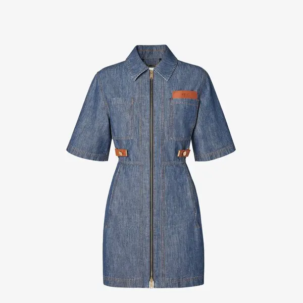 Fendi Cotton Chambray Denim Dress With Leather Embellishments - Blue