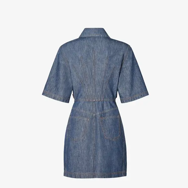 Fendi Cotton Chambray Denim Dress With Leather Embellishments