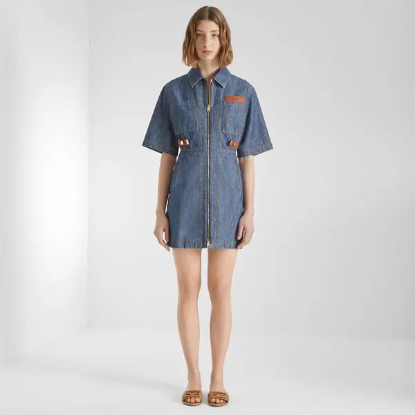 Fendi Cotton Chambray Denim Dress With Leather Embellishments