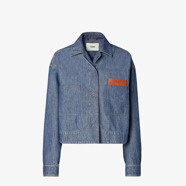 Fendi Chambray Denim Jacket With Leather Patch - Blue