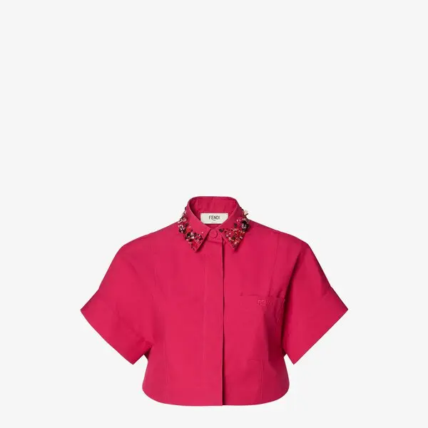 Fendi Cropped Cotton Poplin Shirt With Embellished Collar - Red