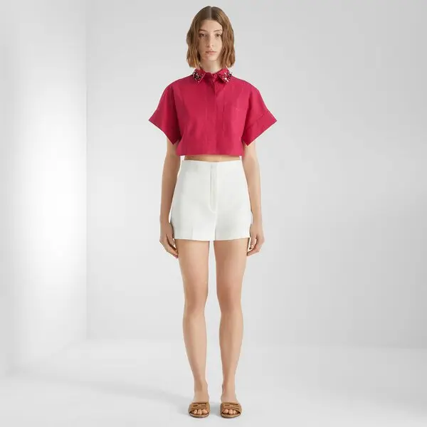 Fendi Cropped Cotton Poplin Shirt With Embellished Collar