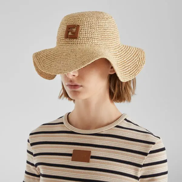 Fendi Raffia Sun Hat With Leather Ff Logo