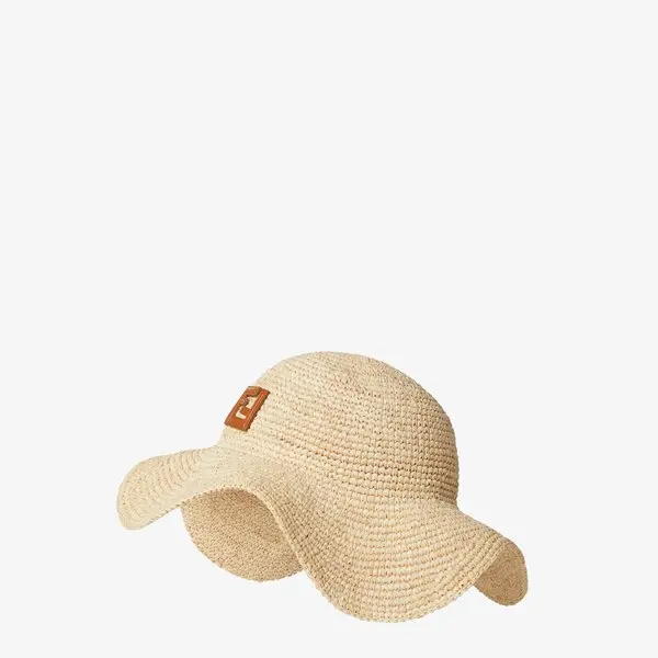 Fendi Raffia Sun Hat With Leather Ff Logo - Beige