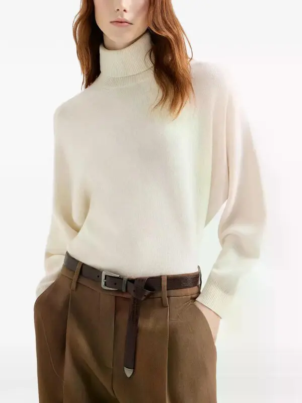 Brunello Cucinelli Cashmere Turtleneck Sweater With Monili - Neutrals