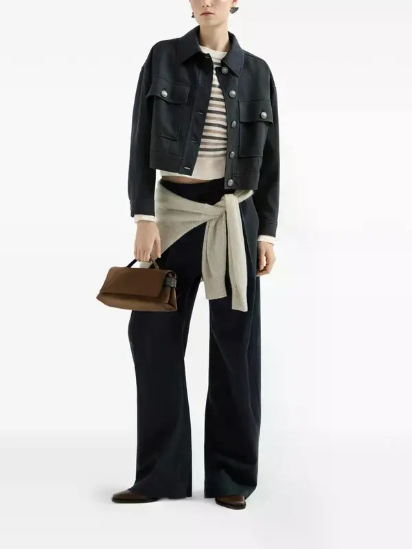 Brunello Cucinelli Virgin Wool Crêpe Cropped Jacket With Monili - Blue