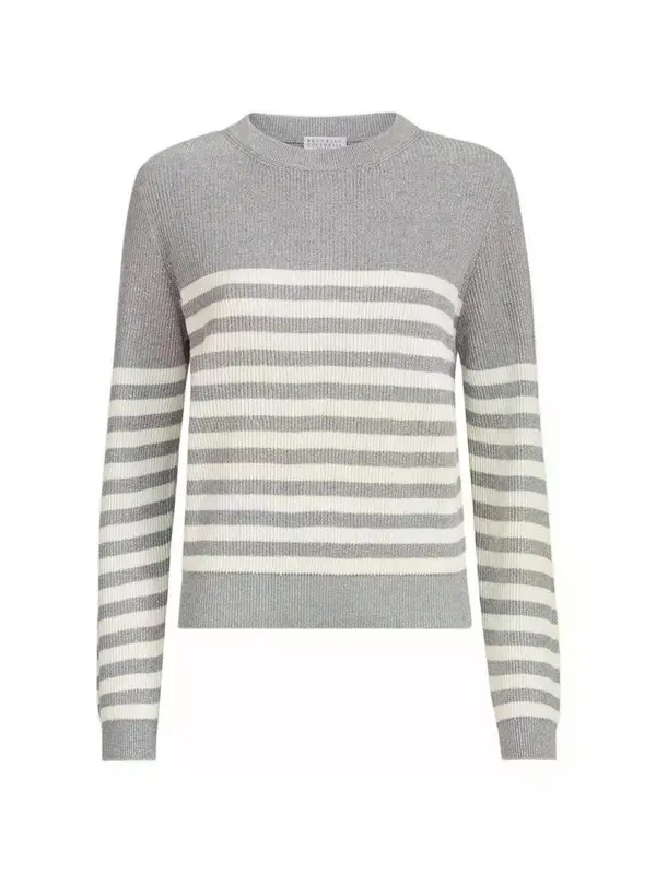 Brunello Cucinelli Striped English Rib Cotton Sweater With Monili - Grey