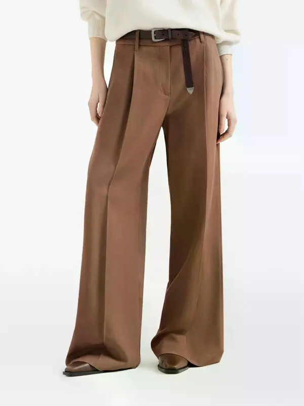 Brunello Cucinelli Virgin Wool And Viscose Tricotine Loose Pleated Trousers With Monili