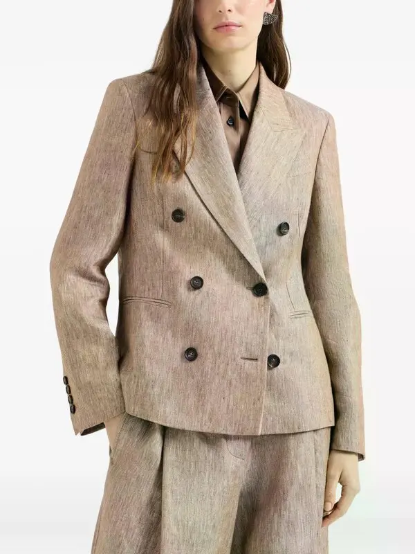 Brunello Cucinelli Linen Denim Double-breasted Blazer With Monili Detail