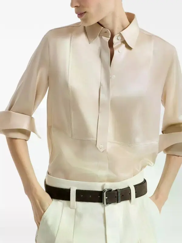 Brunello Cucinelli Stretch Silk Satin Shirt With Monili Decoration - Neutrals