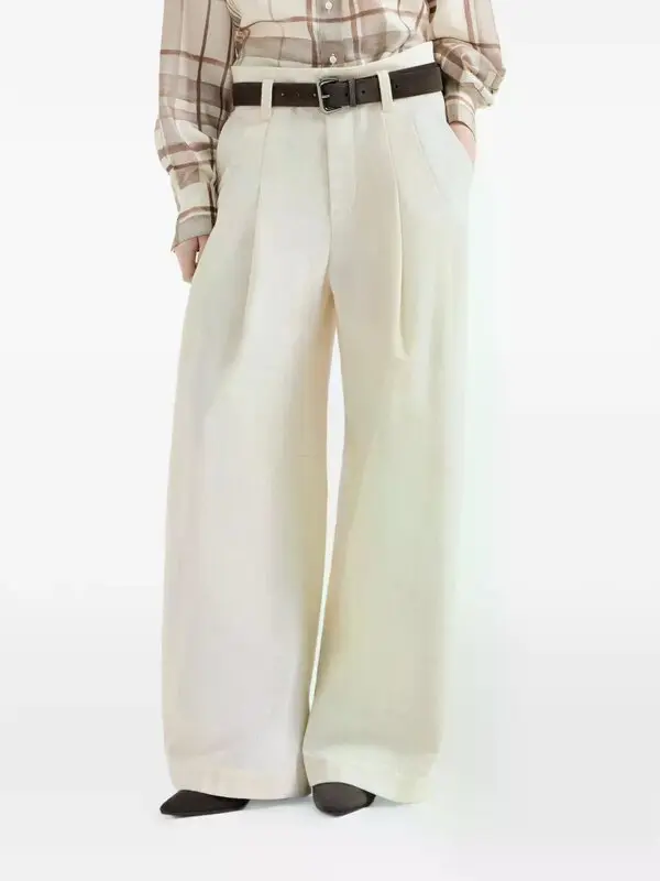 Brunello Cucinelli Dyed Cotton And Wool Wrinkled Denim Five-pocket Baggy Trousers With Monili - Neutrals
